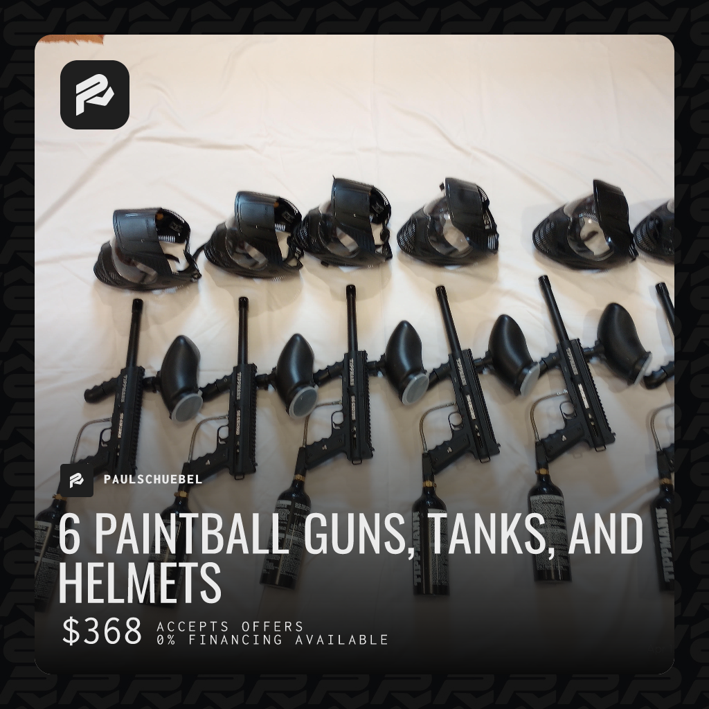 6 Paintball guns, tanks, and helmets